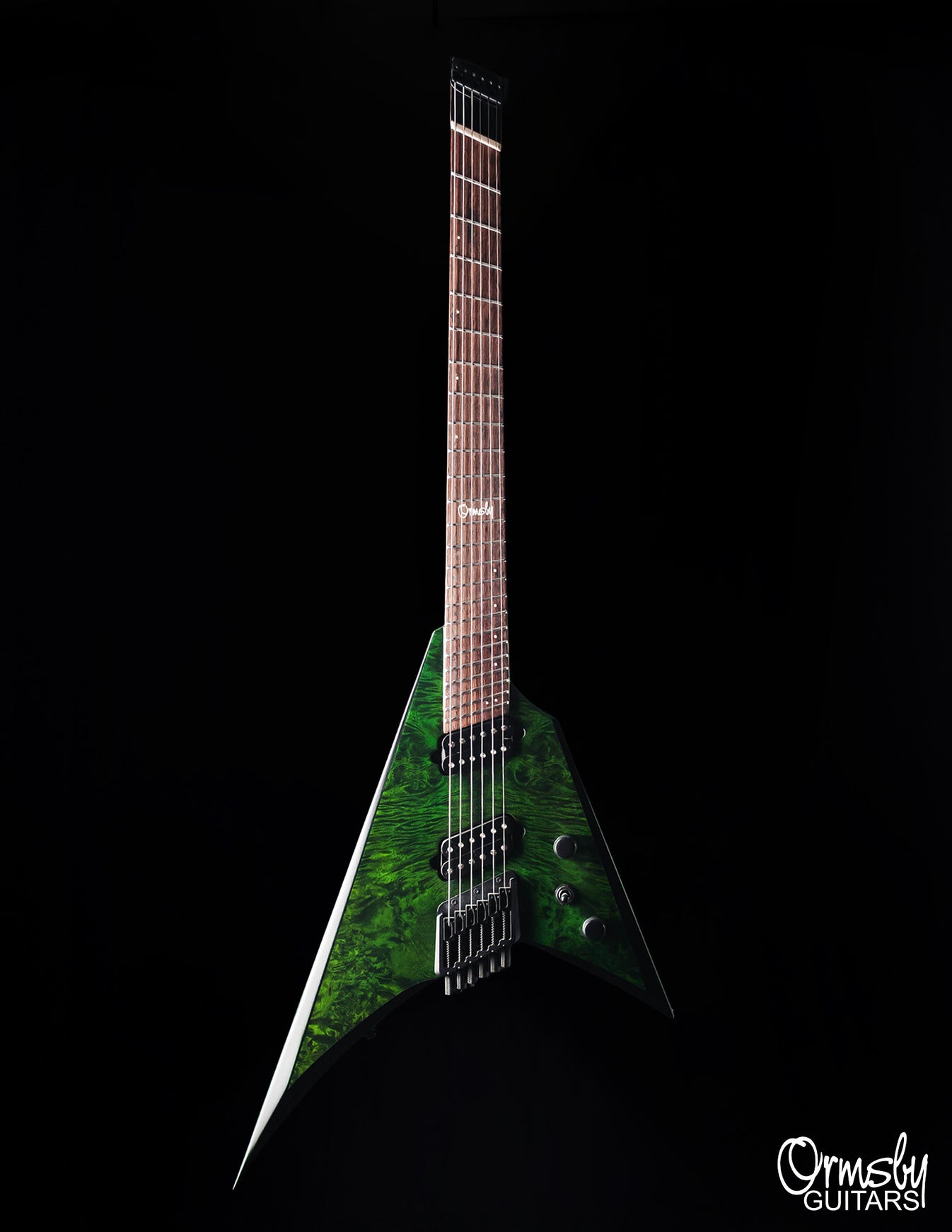 CustomShop - Headless Metal V Green Burl – Ormsby Guitars
